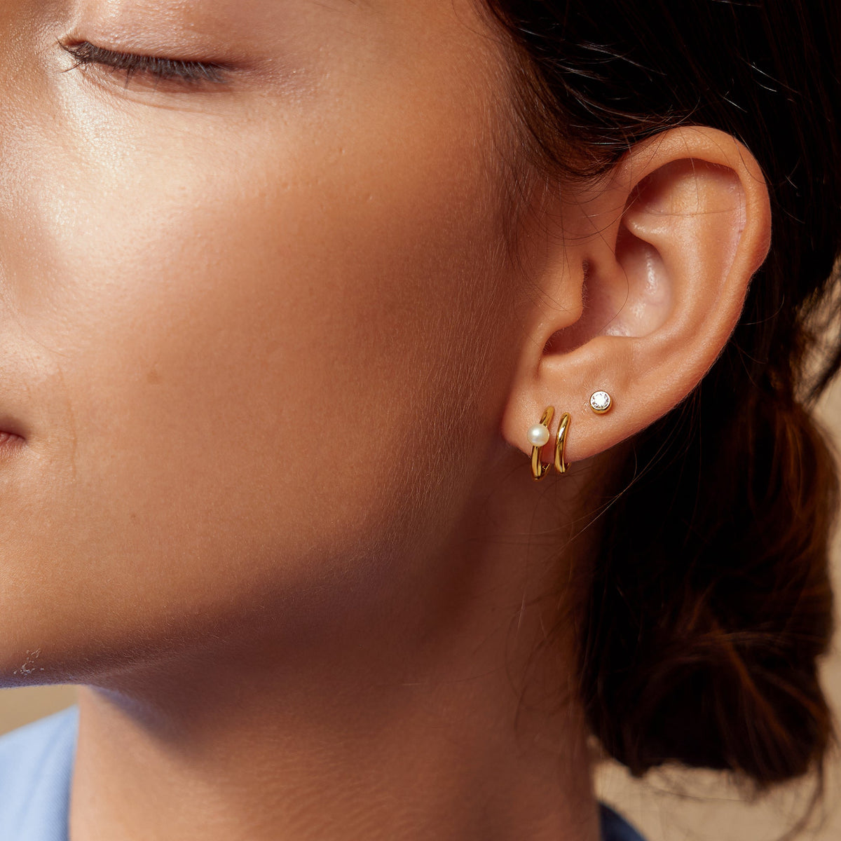 Gold Parallel Duo Freshwater Pearl Huggies|E058-02G| Ania Haie Australia