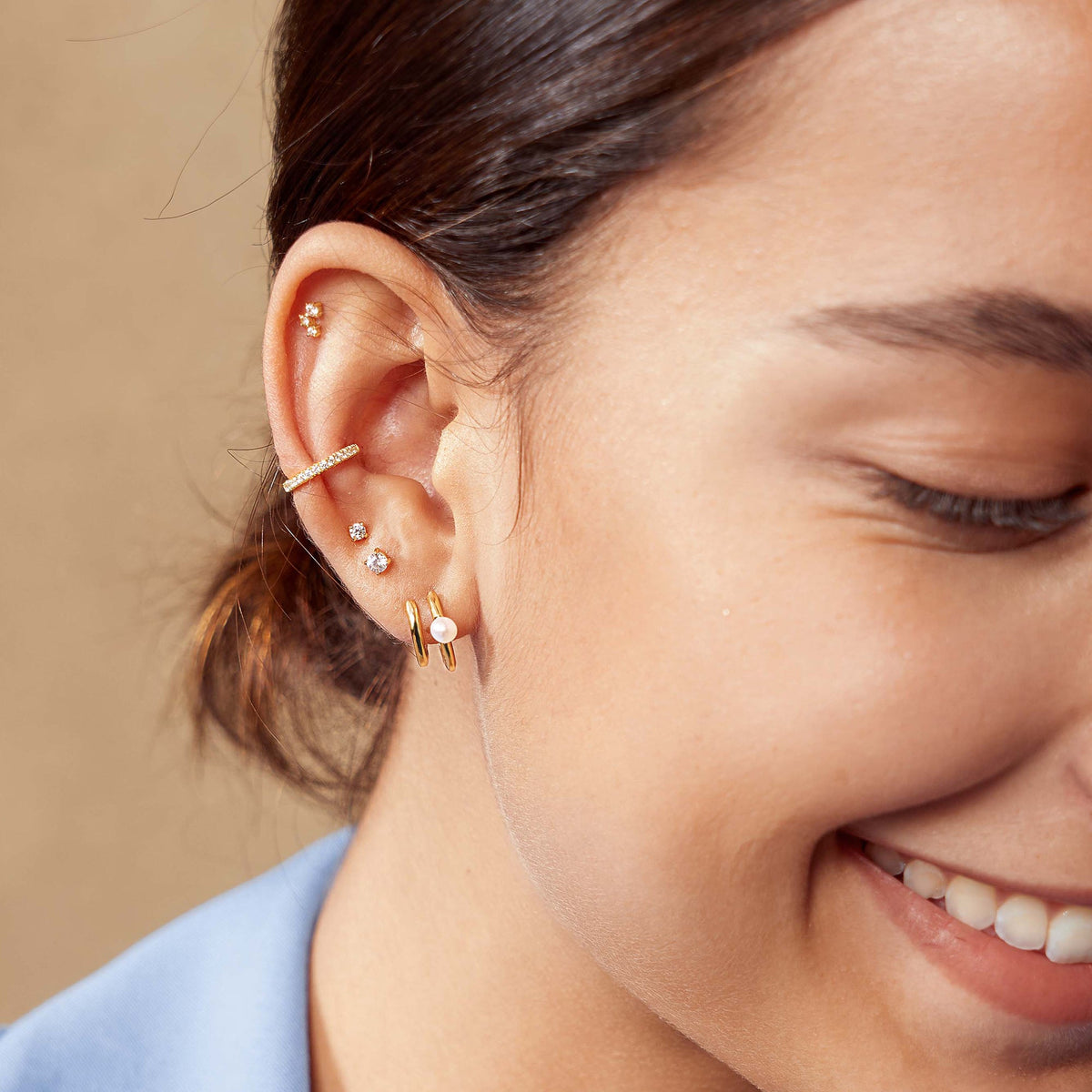 Gold Parallel Duo Freshwater Pearl Huggies|E058-02G| Ania Haie Australia